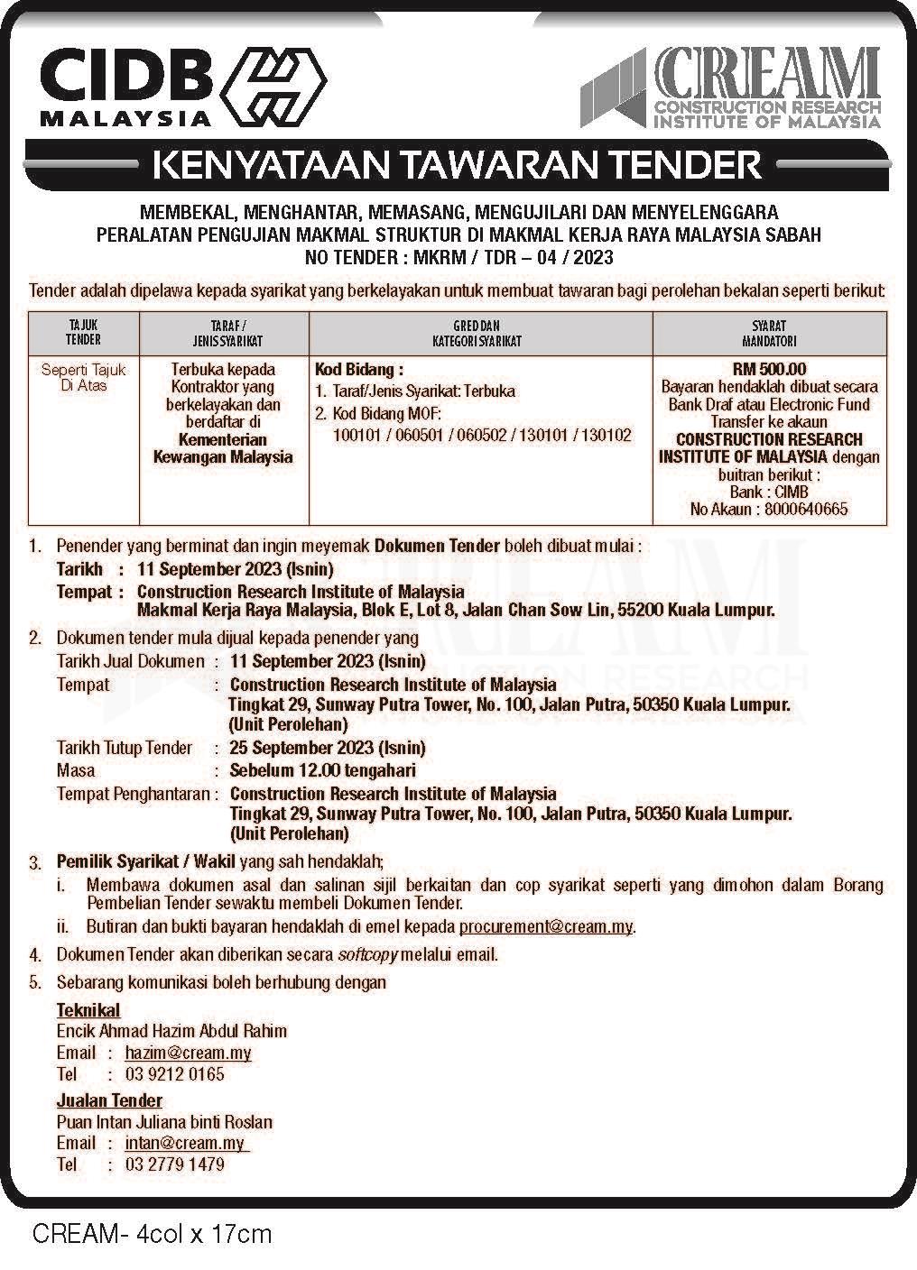 Construction Research Institute of Malaysia (CREAM) Berita & Pengumuman